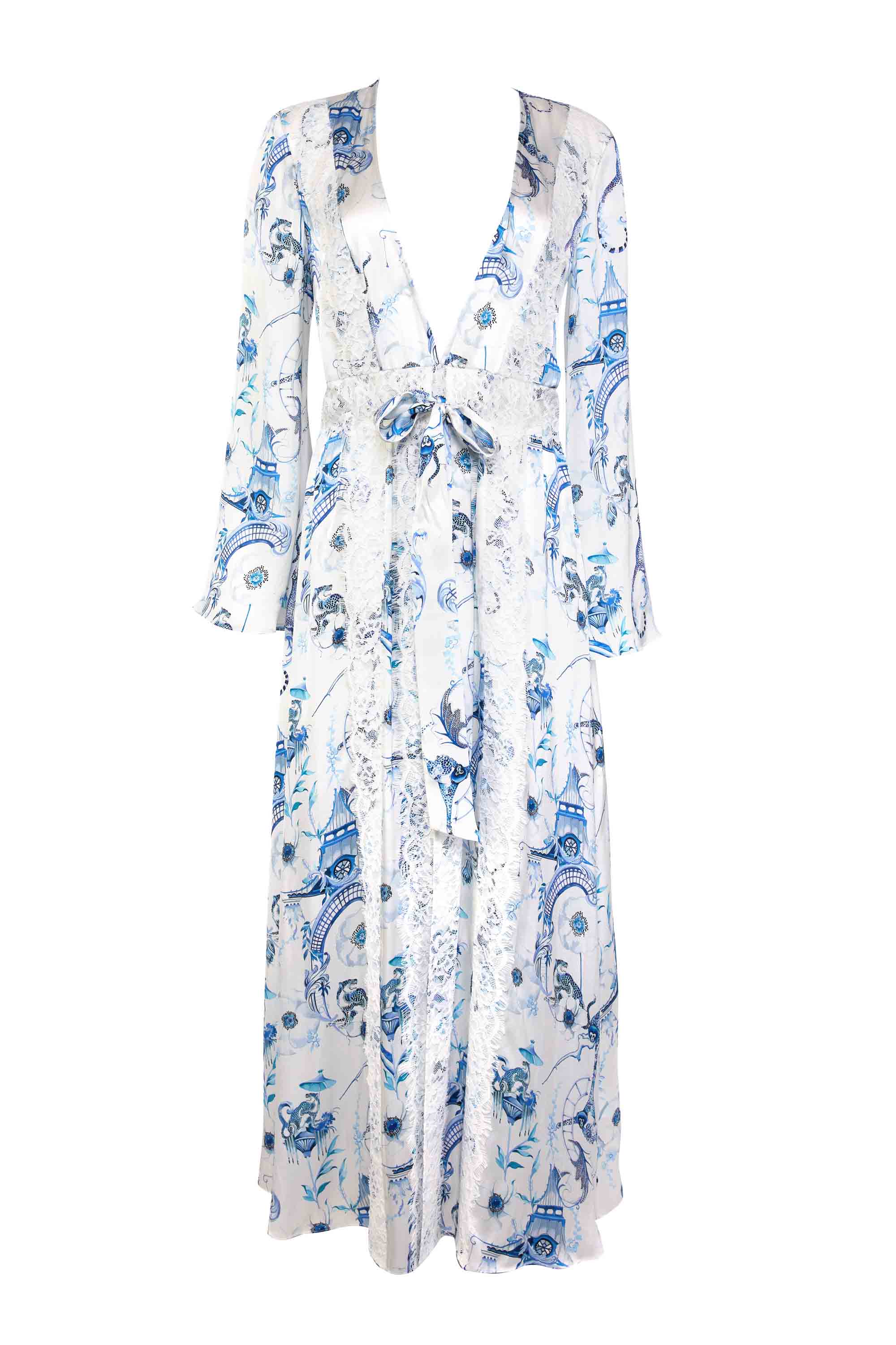 Aphrodite Robe - White/Blue Euphoria | Sleepwear | Temperley London ...